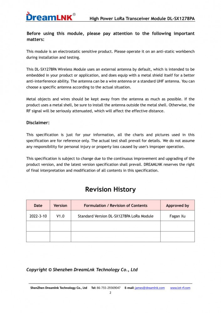 DL-SX1278PA datasheet page 2