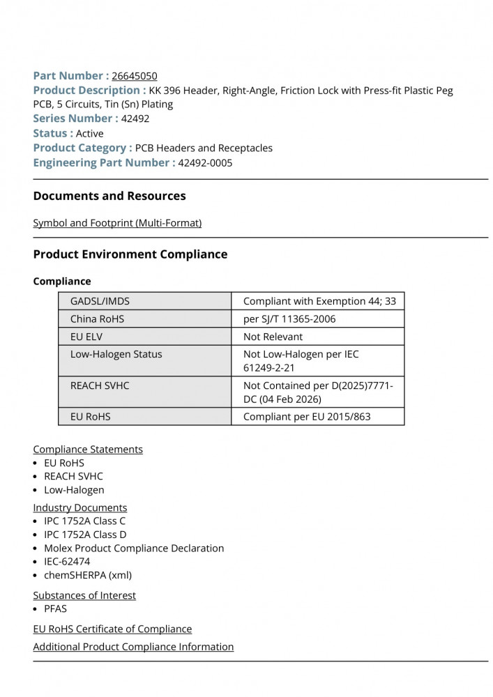Technical document page 1 for MOLEX 26645050