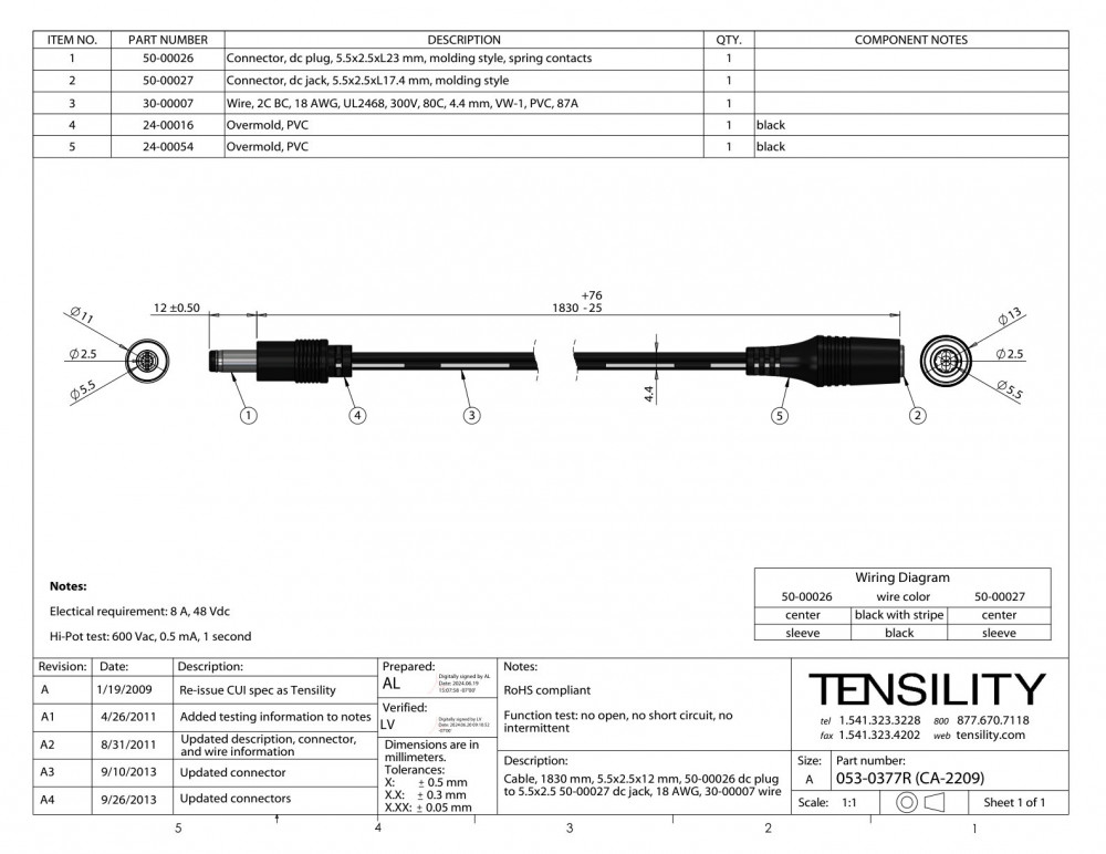 CA-2209 cable assembly technical drawing