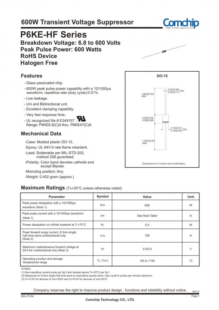 Comchip P6KE-HF datasheet page 1