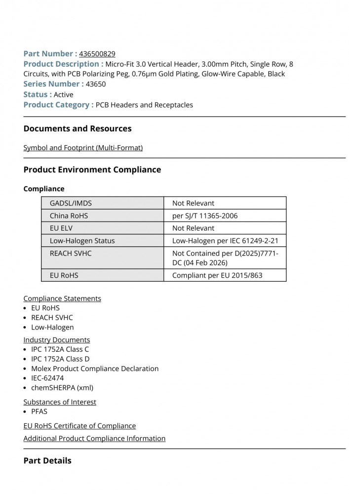 MOLEX 436500829 technical document page 1