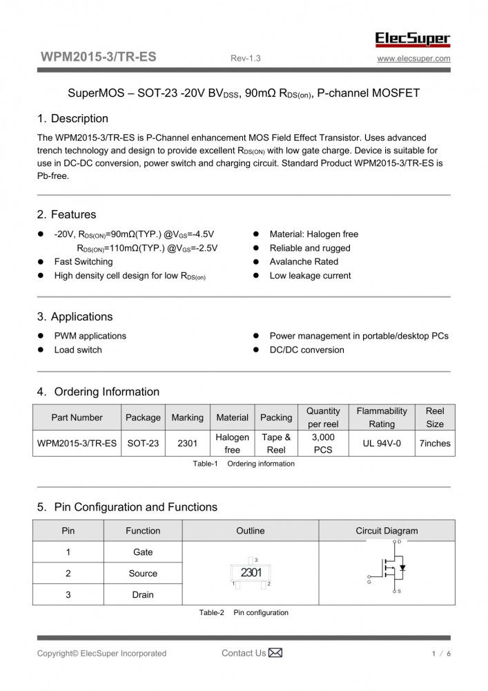 WPM2015-3/TR-ES datasheet page 1