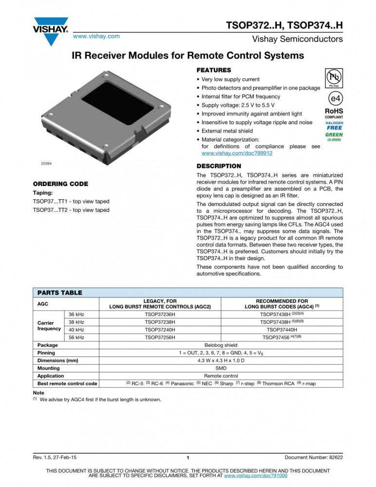 TSOP37238HTT1 datasheet page 1