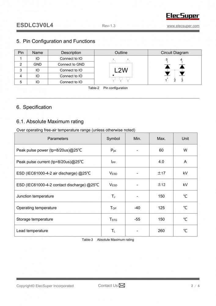 ESDLC3V0L4 datasheet page 2