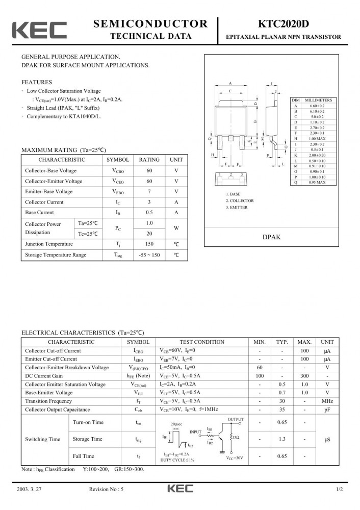 KTC2020D-Y-RTF/P datasheet page 1