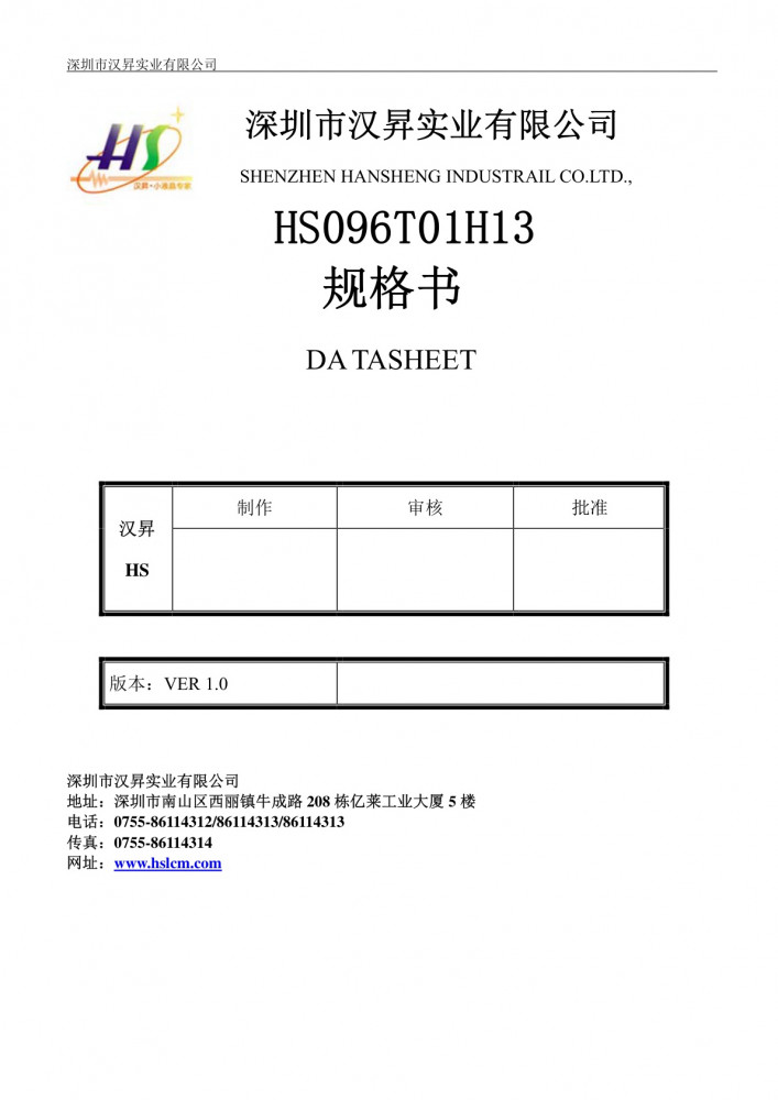 HS096T01H13 datasheet page 1