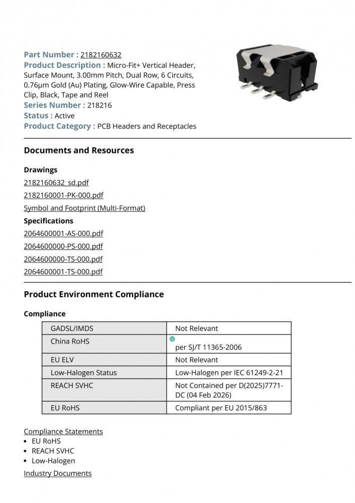 MOLEX product document page 1 for 2182160632