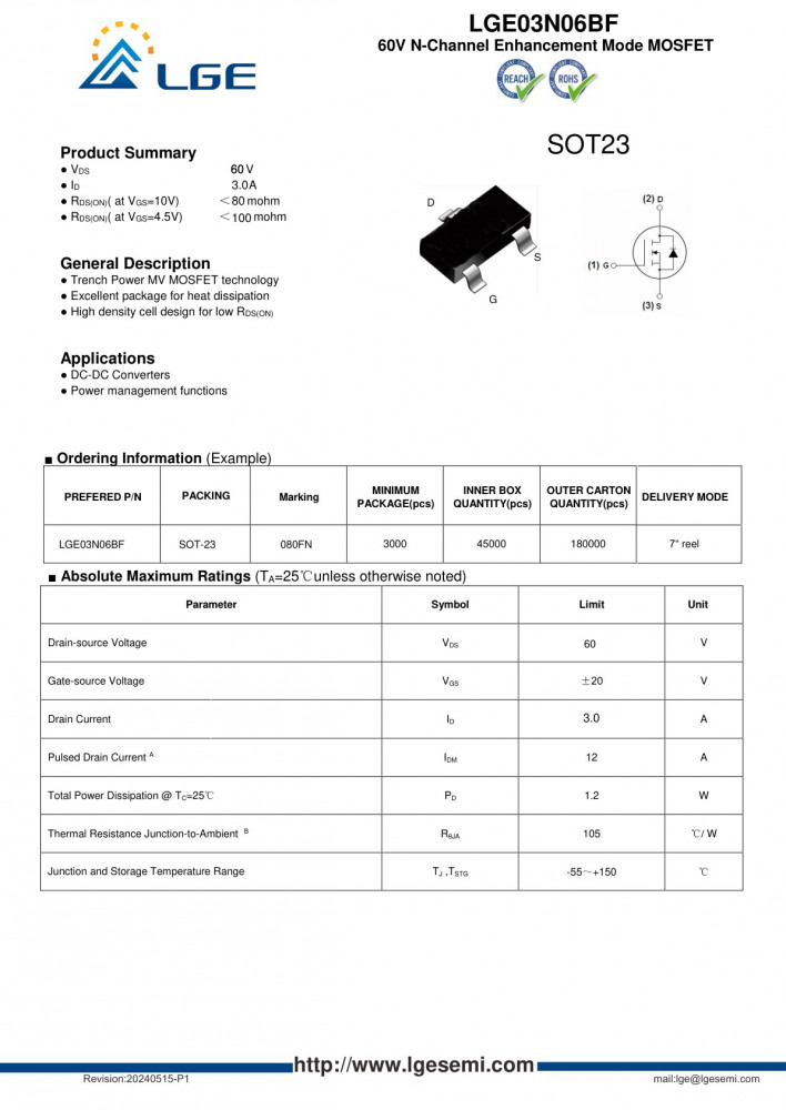LGE03N06BF datasheet page 1