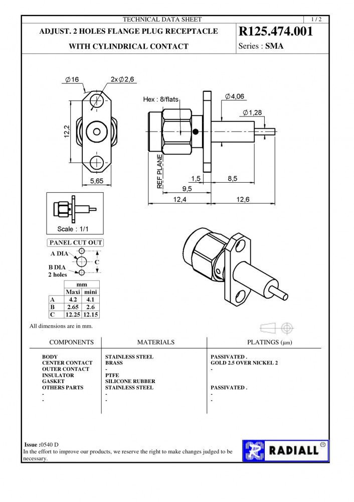 Radiall R125.474.001 technical drawing and panel cutout, page 1