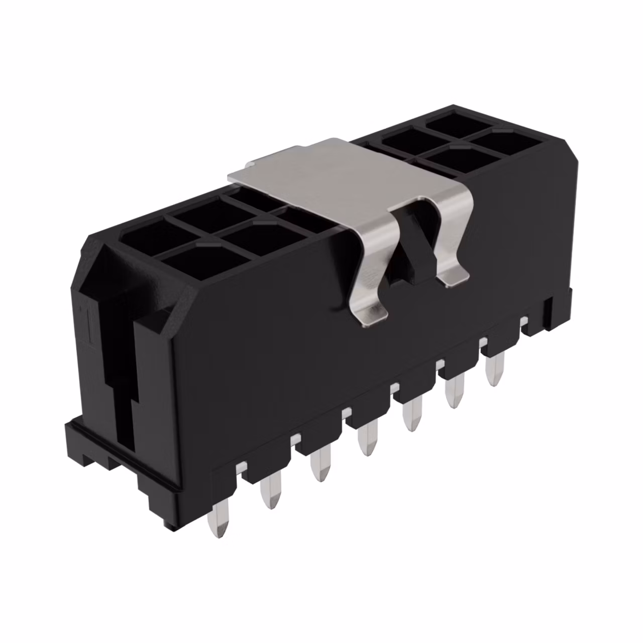 Micro-Fit 3.0 Vertical Header, 3.00mm Pitch, Dual Row, 14 Circuits, Straight Tail, with PCB Polarizing Peg, 0.76µm Gold Plating, Glow-Wire Capable, Black, Tape and Reel, with Pick and Place Cap for sale
