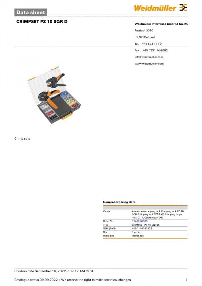 WEIDMULLER CRIMPSET PZ 10 SQR D documentation page 1