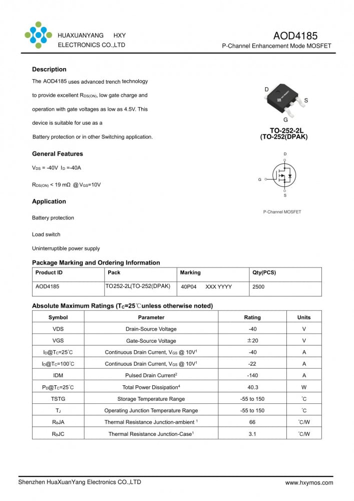 AOD4185 datasheet page 1