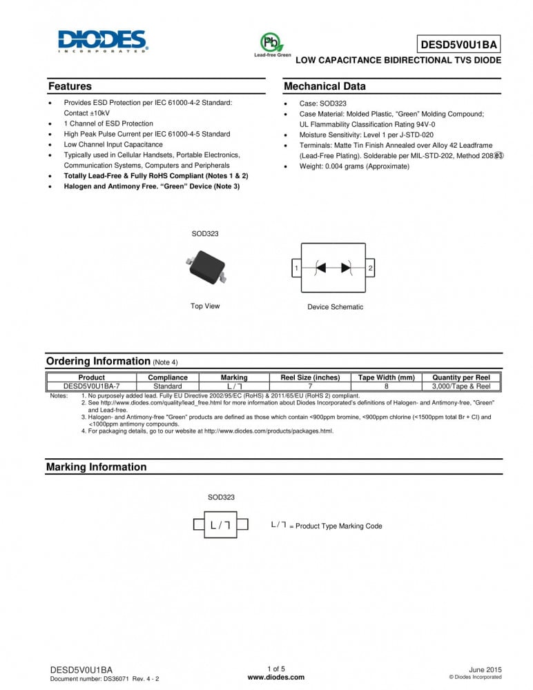 DESD5V0U1BA-7 datasheet page 1