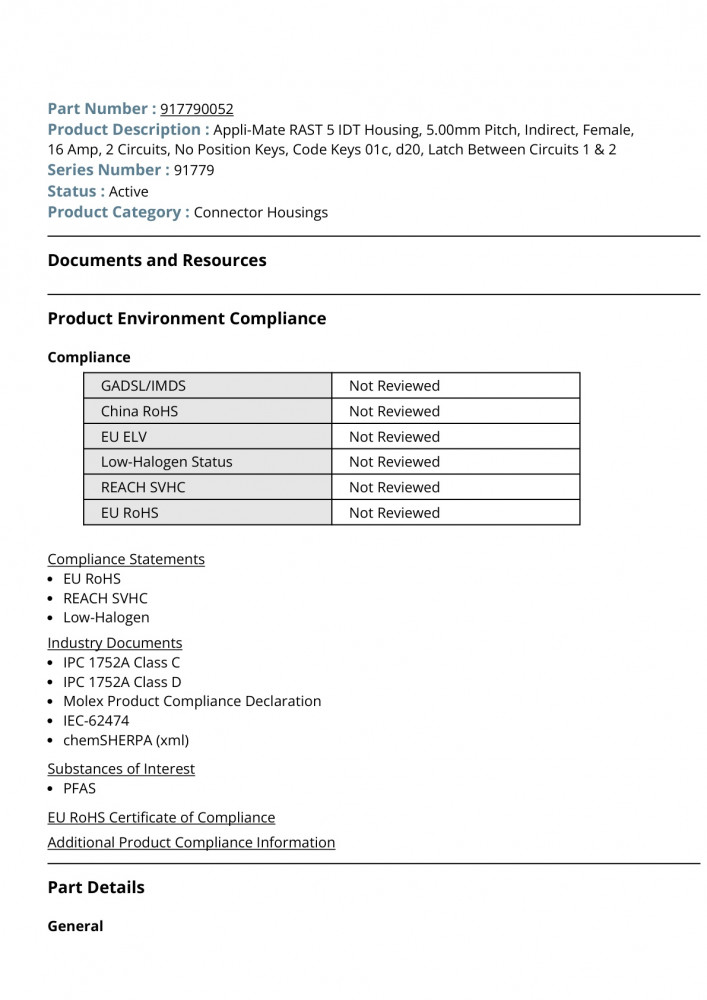 Technical document page 1 for MOLEX 917790052