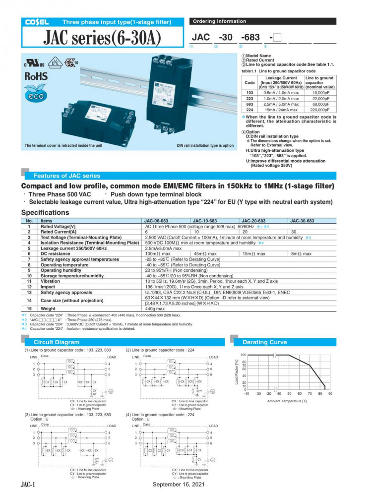 Cosel JAC series technical document page 1
