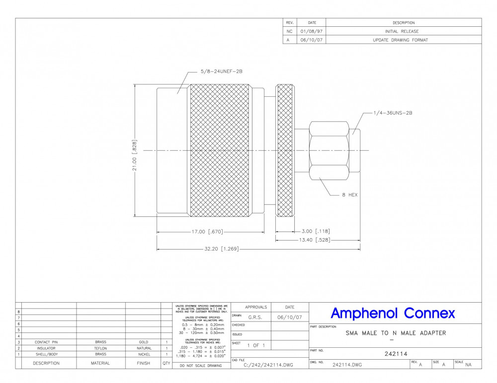 Amphenol 242114 SMA male to N male adapter drawing