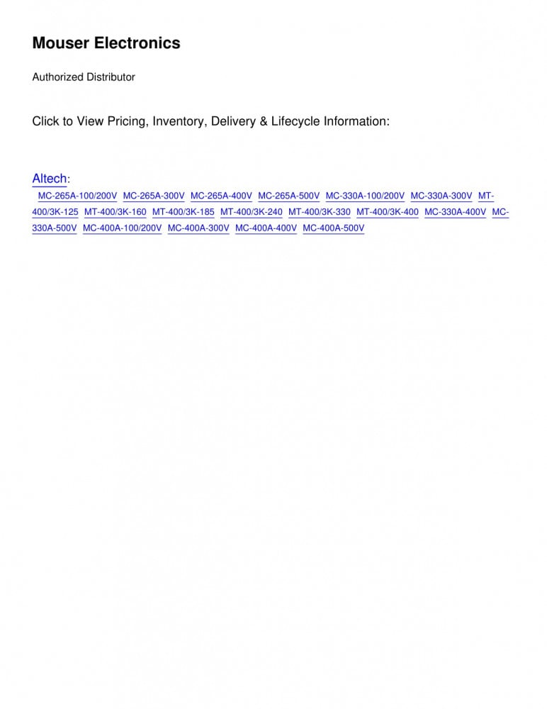 Altech MT-400 overload relay selection documentation page
