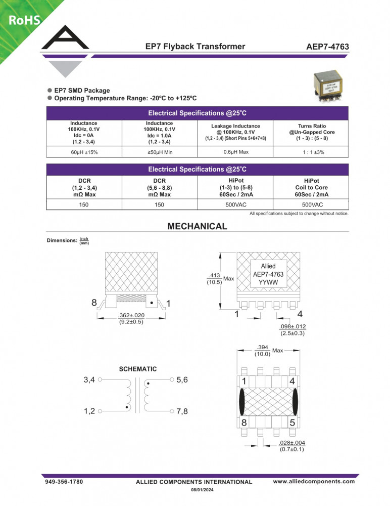 AEP7-4763 EP7 SMD transformer technical document image