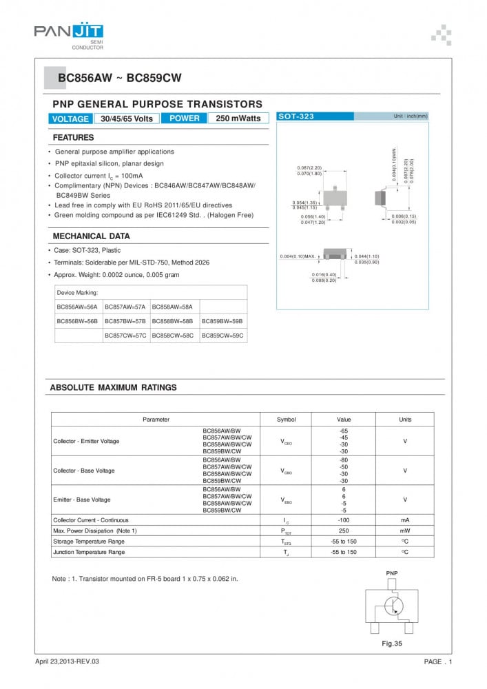 PANJIT BC856BW datasheet page 1