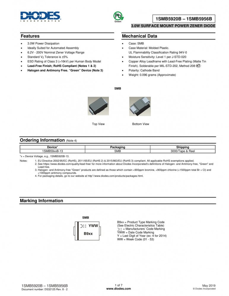 1SMB5956B-13 datasheet page 1