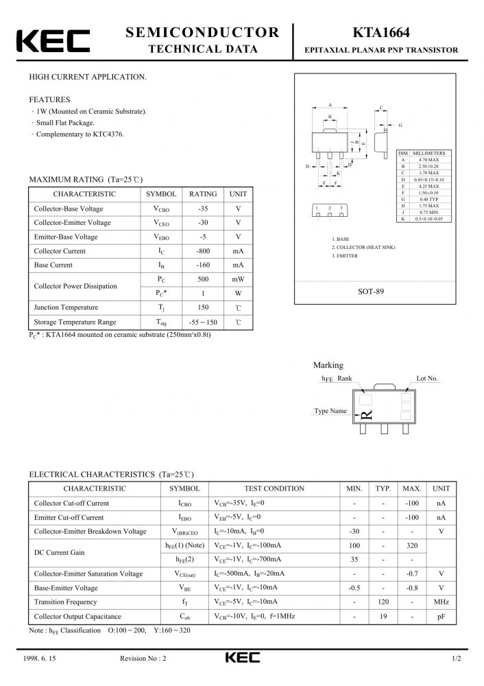 KTA1664-Y-RTF/P datasheet page 1