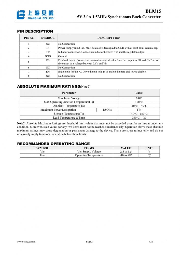 BL9315 datasheet page 2