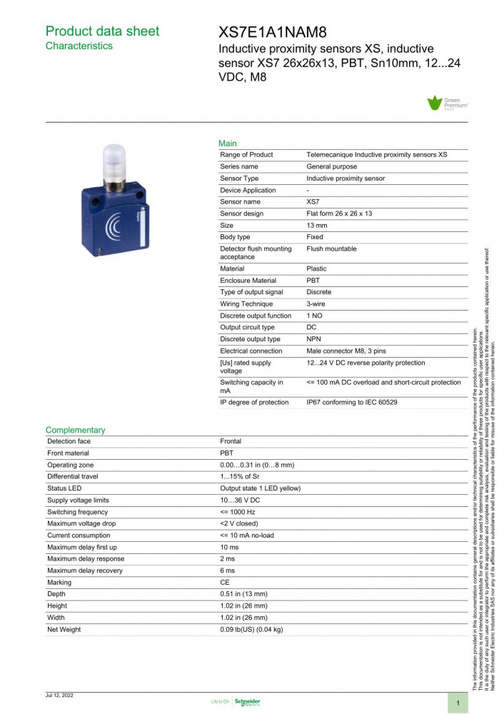 XS7E1A1NAM8 technical document page 1