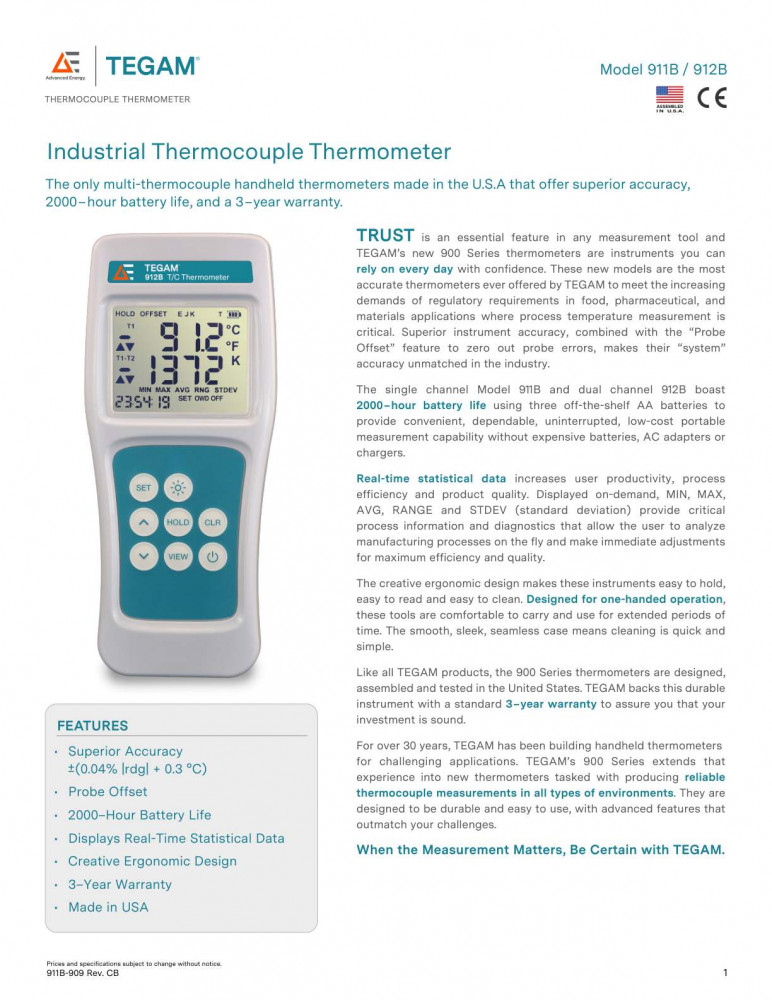 TEGAM 900 Series thermometer technical document, page 1