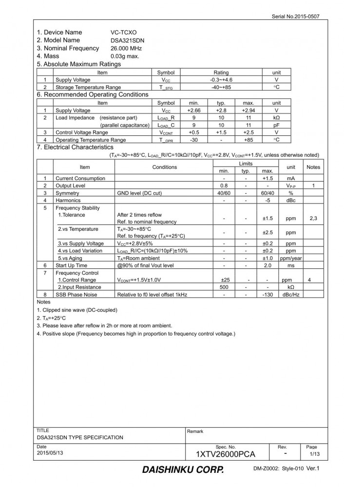 KDS 1XTV26000PCA specification page 2