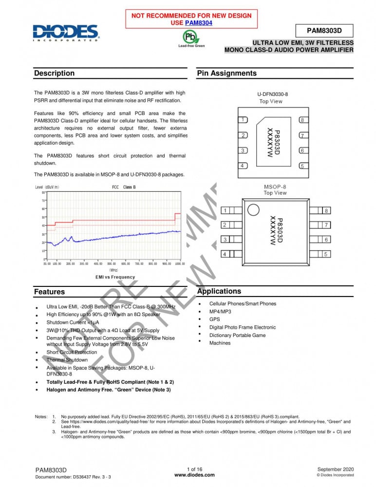 PAM8303D datasheet page 1