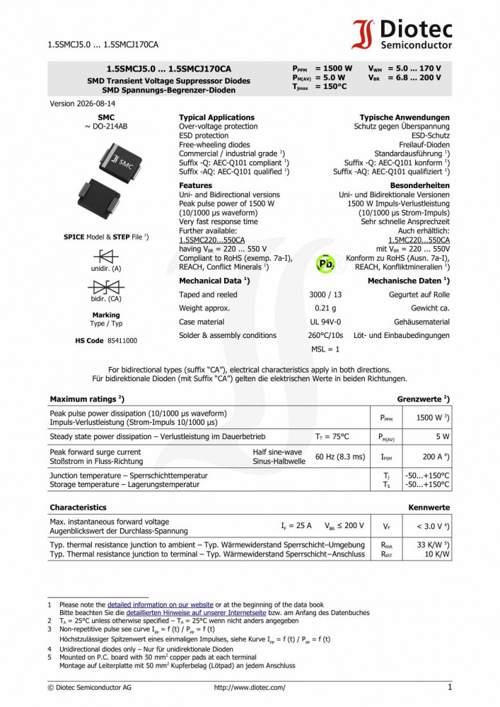 DIOTEC 1.5SMCJ TVS diode datasheet image 1