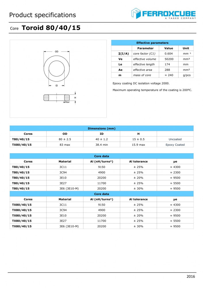 T80/40/15 ferrite toroidal core technical document preview