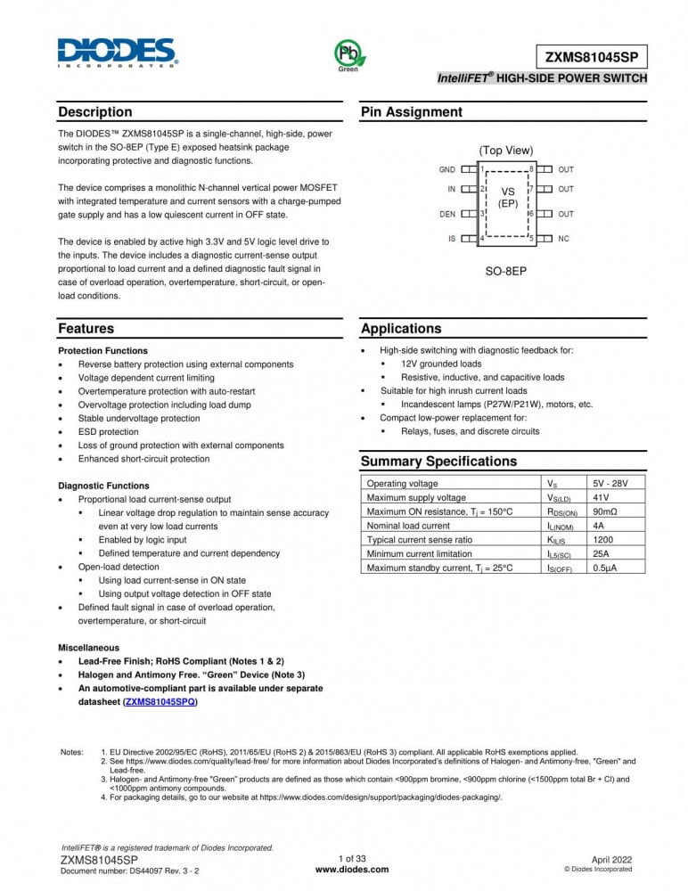 ZXMS81045SP-13 datasheet page 1