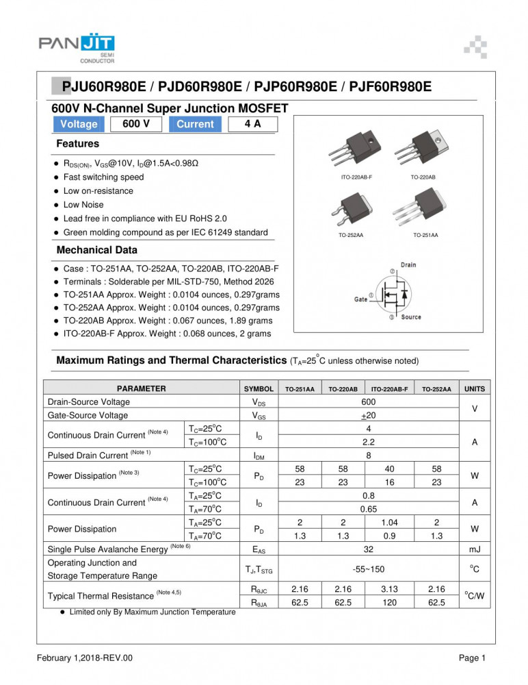 PANJIT PJP60R980E datasheet page 1