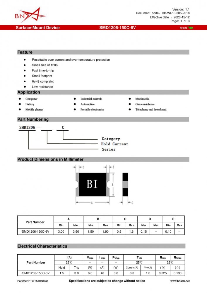BNstar SMD1206-150C-6V datasheet page 1