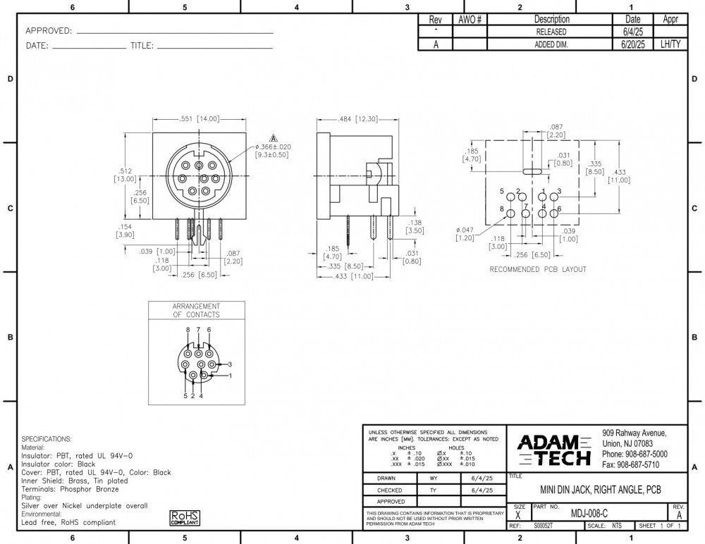 MDJ-008-C Mini DIN right-angle PCB jack product drawing