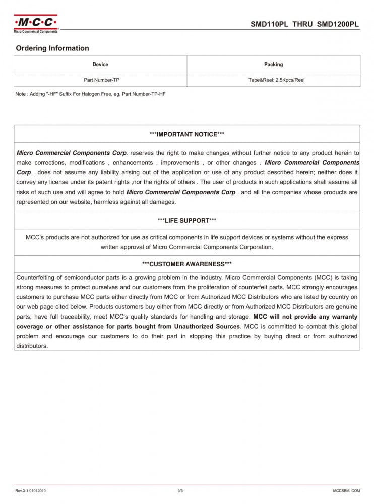 MCC SMD110PL-TP datasheet page 3