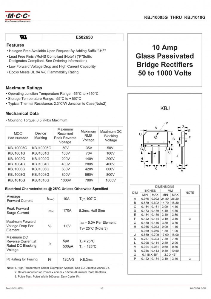 KBJ10005G-BP datasheet page 1