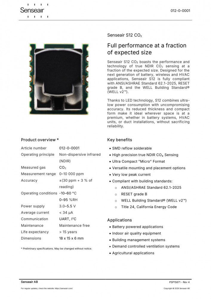 Senseair S12 CO₂ datasheet page 1