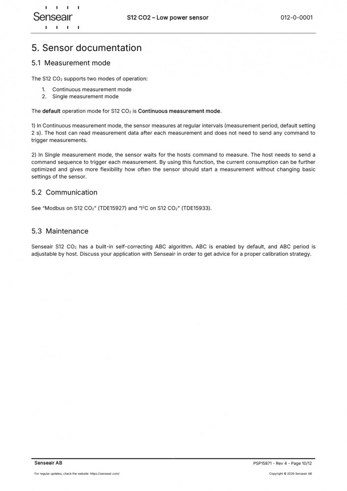 Senseair S12 CO₂ datasheet page 10