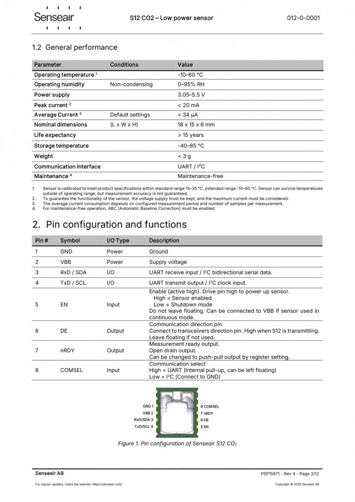 Senseair S12 CO₂ datasheet page 3