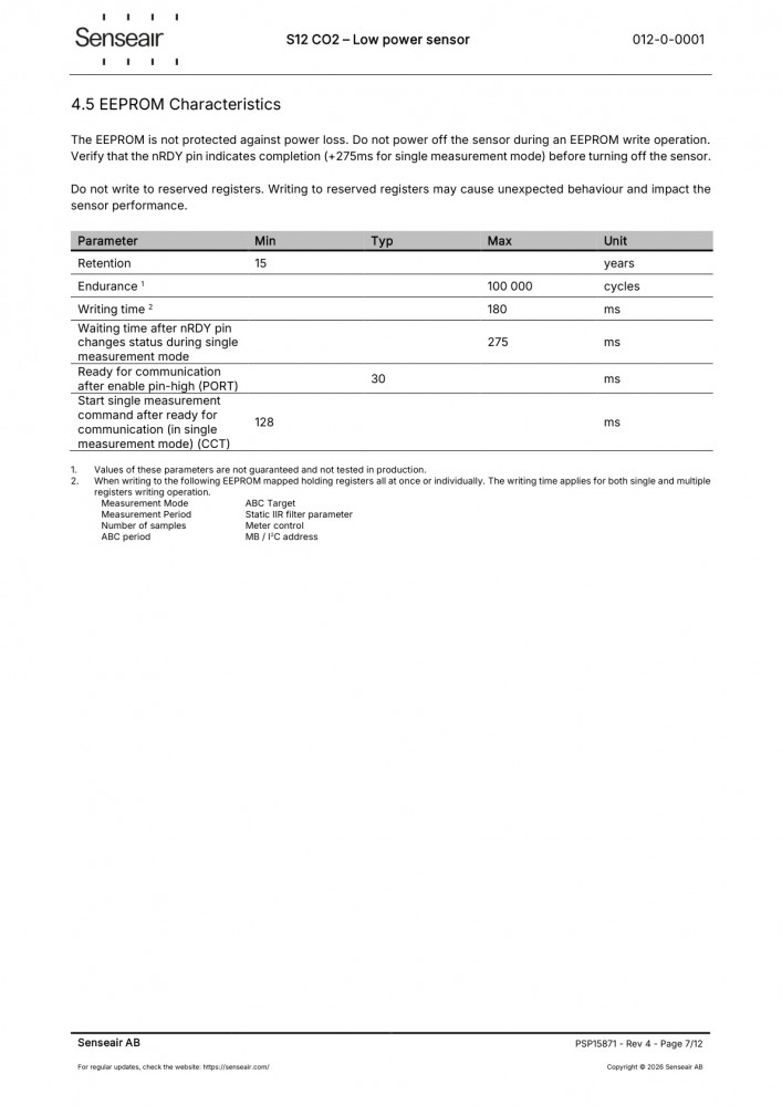 Senseair S12 CO₂ datasheet page 7