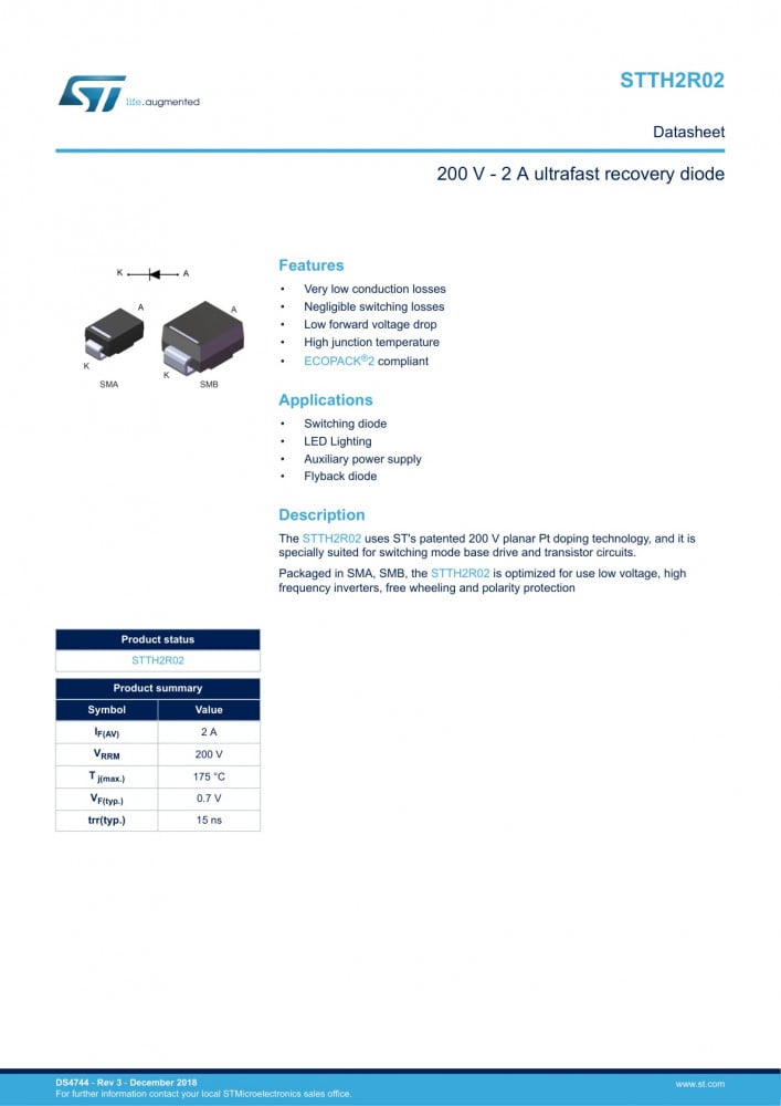 STTH2R02U datasheet page 1