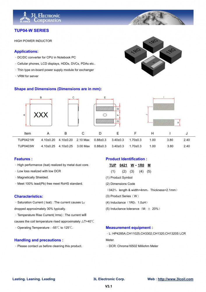 3L COILS TUP04-W series catalogue page 1