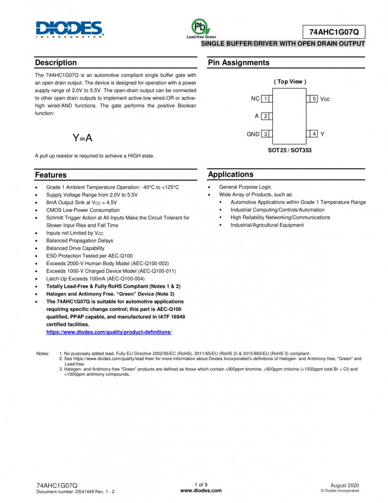 74AHC1G07QW5-7 datasheet page 1