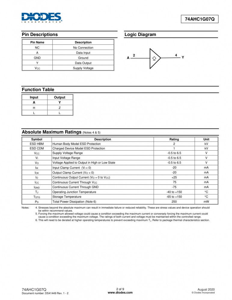 74AHC1G07QW5-7 datasheet page 2