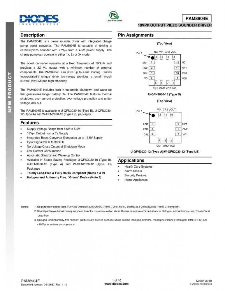 PAM8904E datasheet page 1