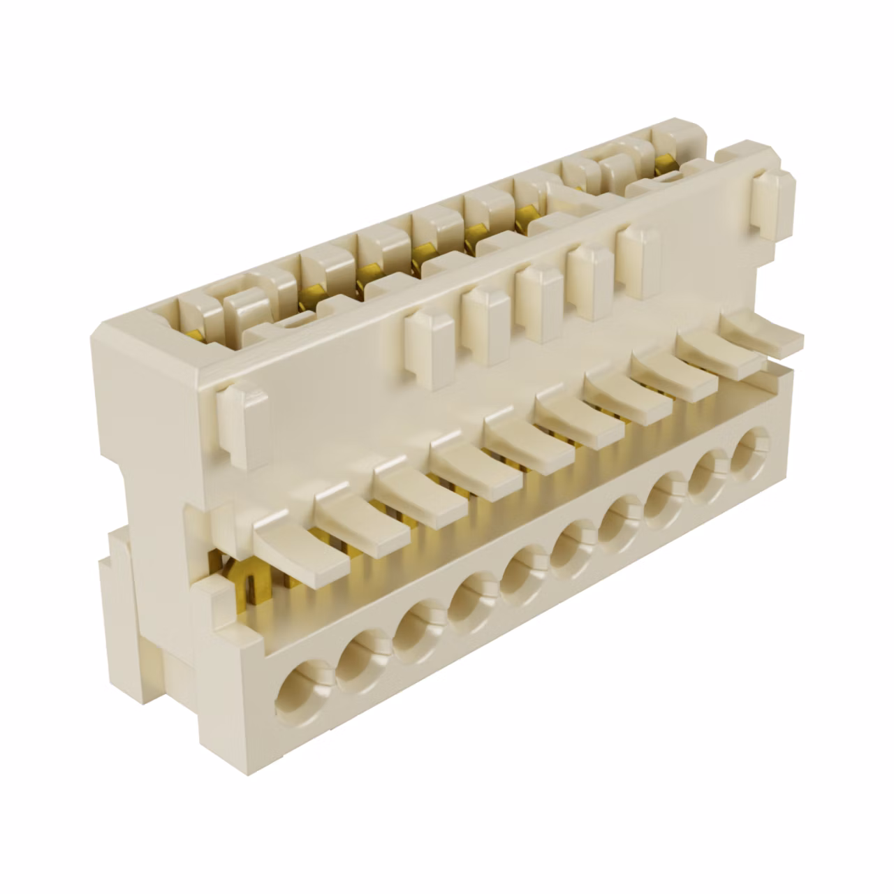 Appli-Mate RAST 2.5 Connector, 2.50mm Pitch, Female, 10 Circuits, Circuit 2 and 9 Voided, Latch at Circuit 2 and 9, Open Endwalls, Tin Plating