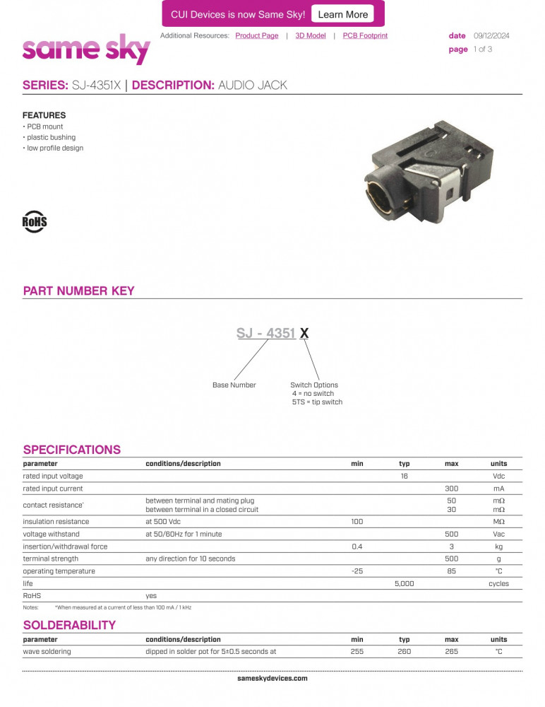 SJ-43514 audio jack documentation, page image 1