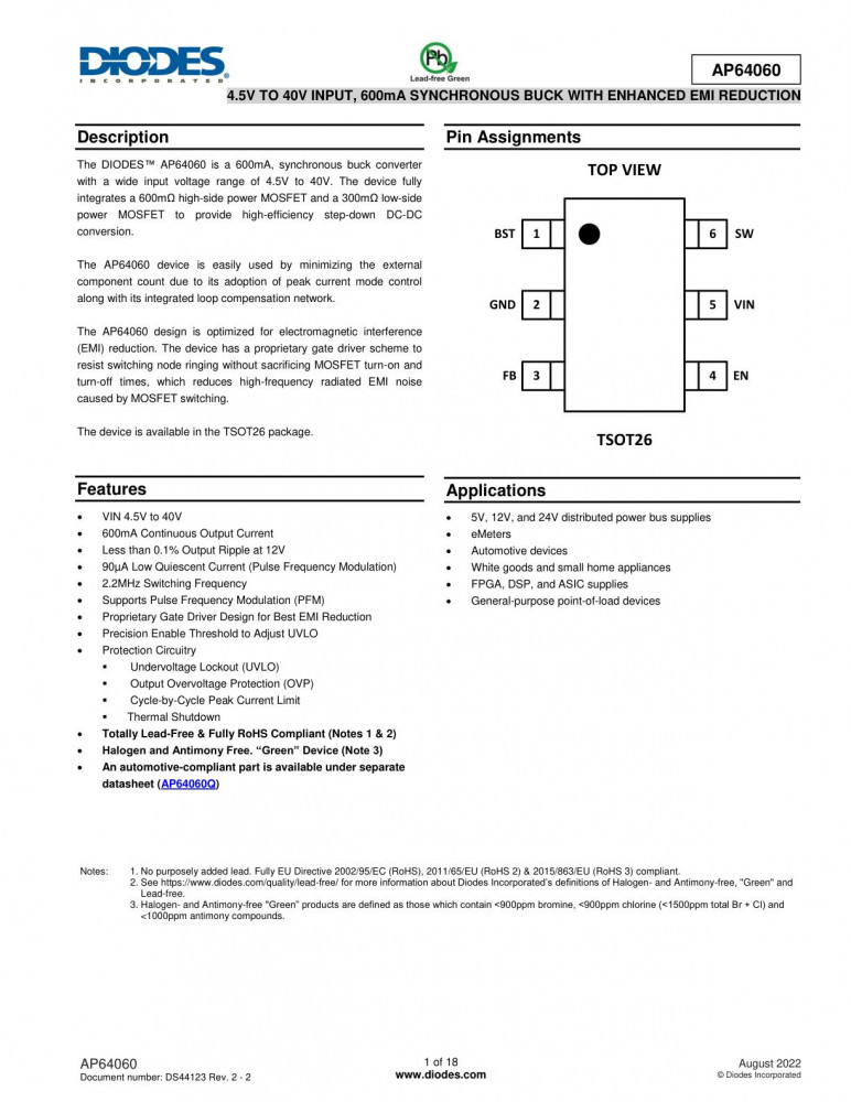 AP64060QWU-7 datasheet page 1